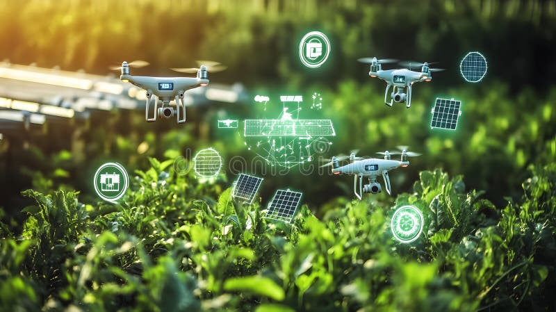 Futuristic High Tech Farm with Floating Icons of Drones Crops and Solar ...