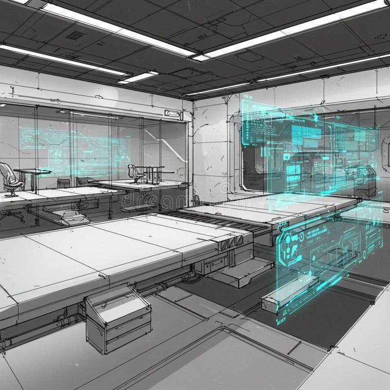 Futuristic, High-tech Interior Featuring Sleek Workstations with Smooth ...