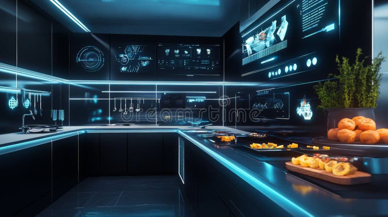 Futuristic High-tech Kitchen with Neon Lights and Interactive Screens ...