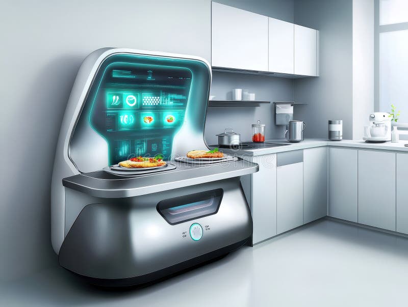 A Futuristic, High-tech Kitchen Scene with a Smart Oven and a Helper ...