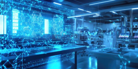 Futuristic High-Tech Laboratory with Glowing Blue Panels and Interfaces ...