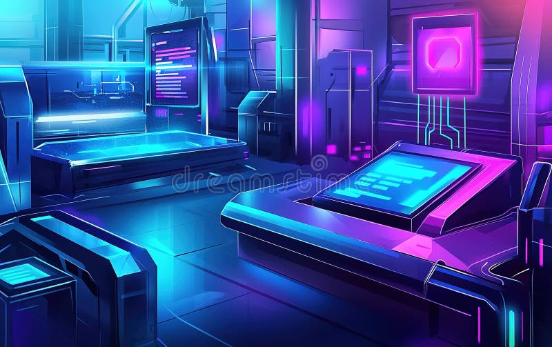 Futuristic High-tech Laboratory with Glowing Screens and Vibrant Neon ...