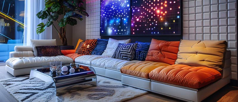 Futuristic High-Tech Lounge with Geometric Cushions, Glass Coffee Table ...