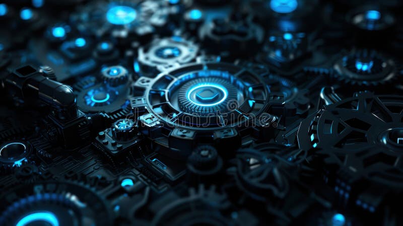 Futuristic High Tech Mechanical Gears with Glowing Blue Highlights in a ...