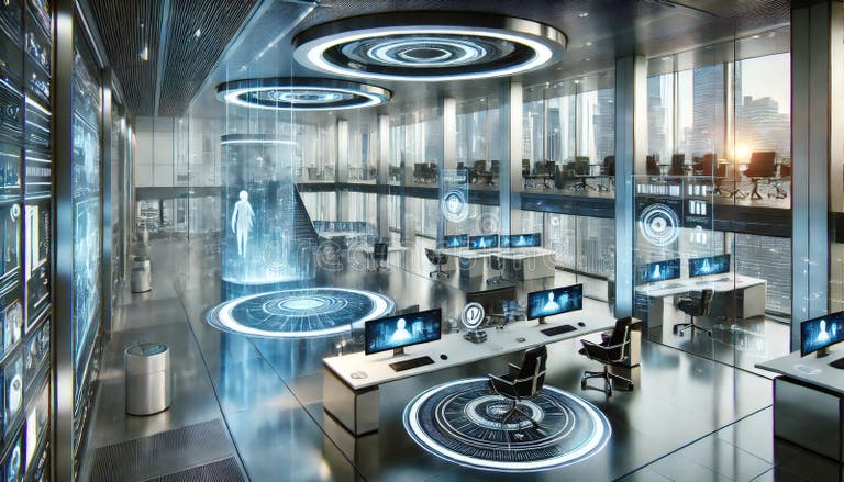 Futuristic High Tech Office Space with Ai Powered Workstations and Holographic Displays Stock ...