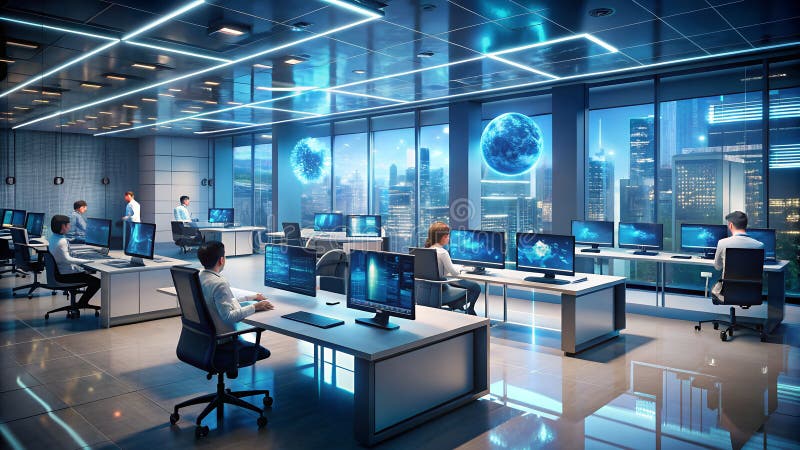 Futuristic High-Tech Office Workspace with Advanced Digital Technology ...