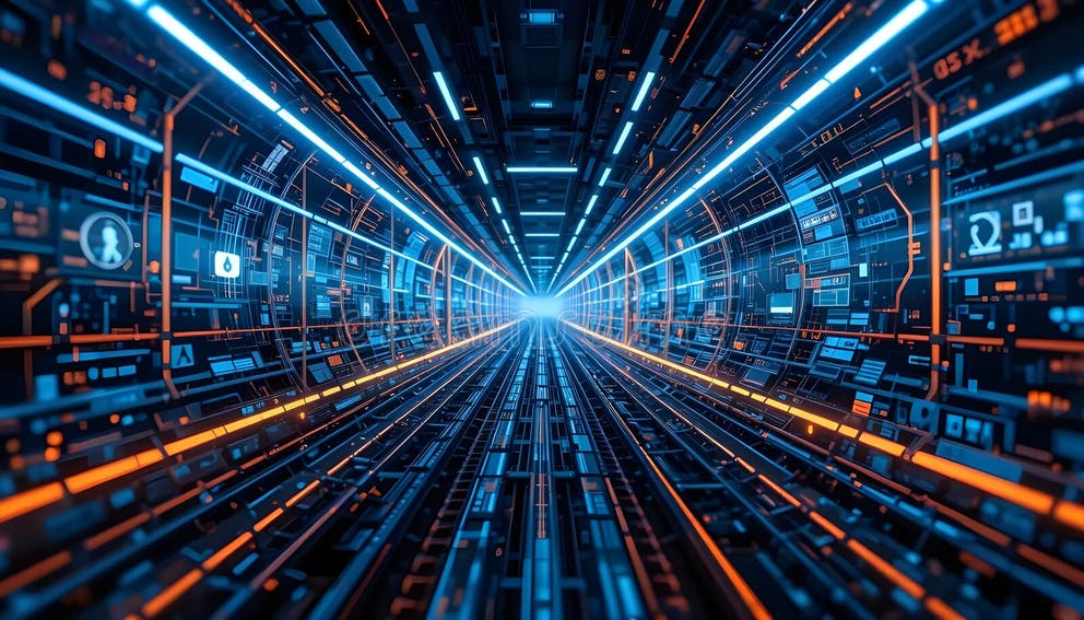 Futuristic High-Tech Perspective Background with Wide-Angle Digital ...