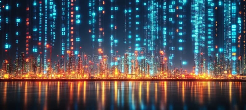 Futuristic High Tech Port of the Future with Digital Binary Code Overlays and Night City Skyline ...