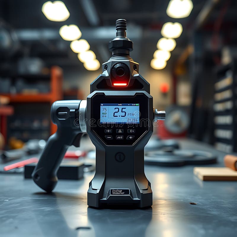 A Futuristic High Tech Torque Tool with a Digital Screen Illuminated Under Ambient Workshop ...