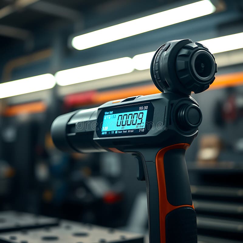 A Futuristic High Tech Torque Tool with a Digital Screen Illuminated Under Ambient Workshop ...