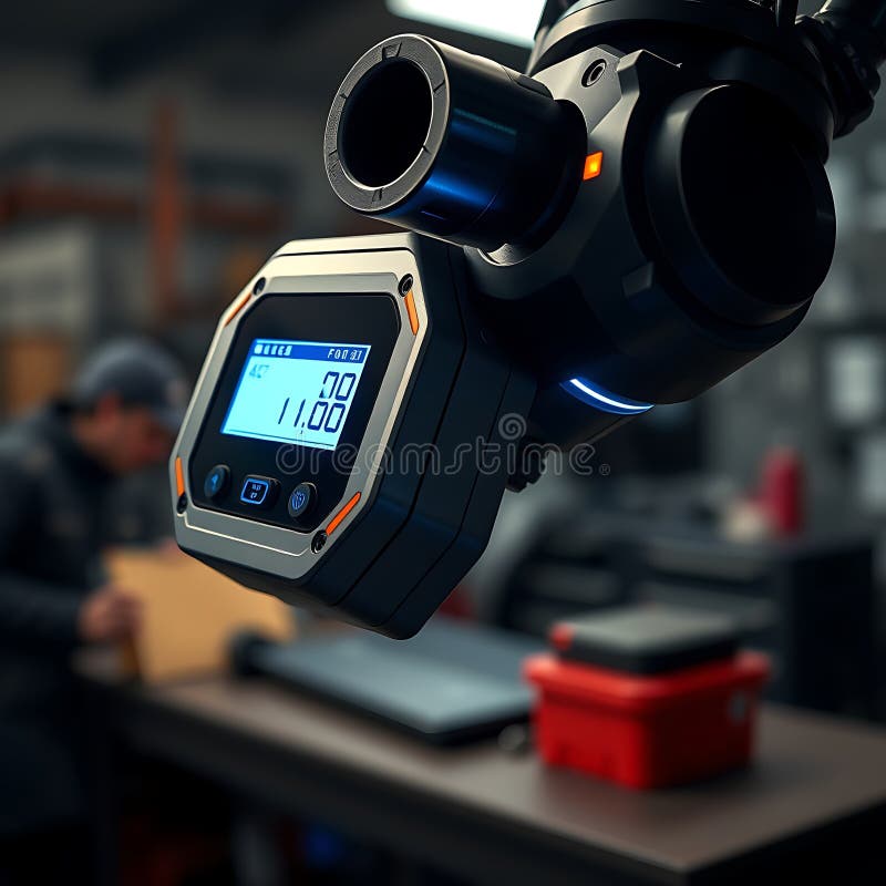 A Futuristic High Tech Torque Tool with a Digital Screen Illuminated Under Ambient Workshop ...