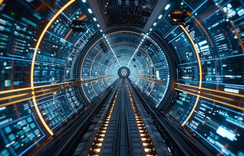 Futuristic HighTech Tunnel with Digital Interfaces and Glowing Lights ...