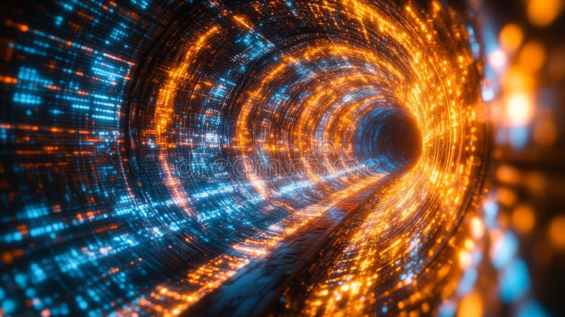 Futuristic High-tech Vortex Tunnel with Glowing Orange and Blue Lights ...
