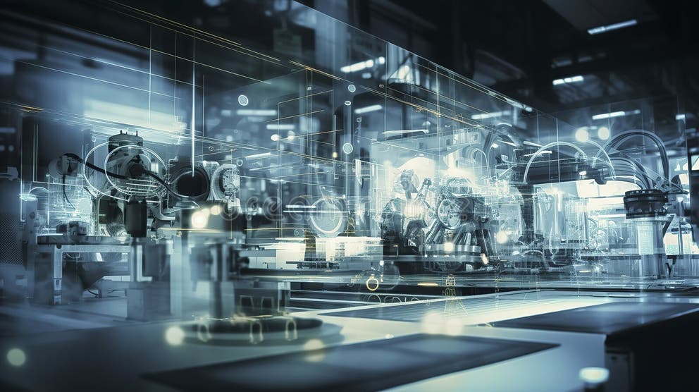 Futuristic, Highly Technical Manufacturing Environment with Complex Machinery and Holographic ...
