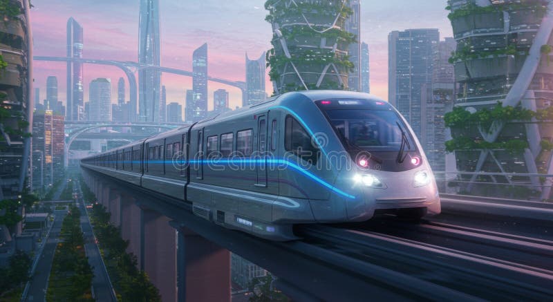 Futuristic Highspeed Train in a Modern Cityscape Stock Illustration ...