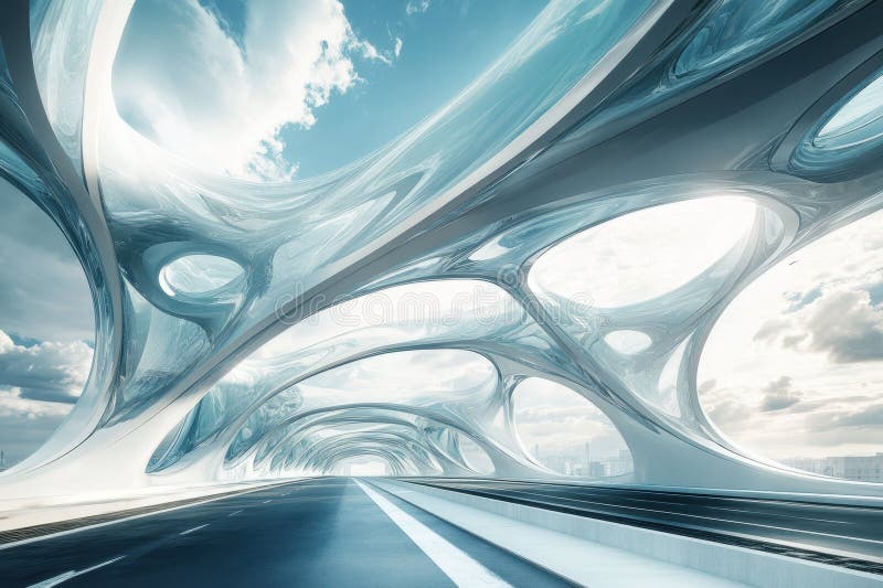 Futuristic Highway with Abstract Architecture Under a Bright Sky Stock ...