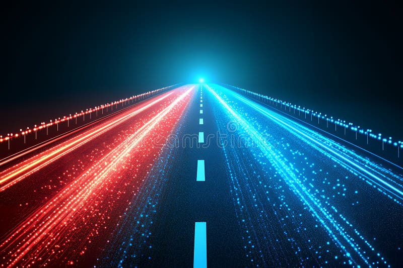 Futuristic Highway Abstract Red and Blue Digital Light Trails on Road ...
