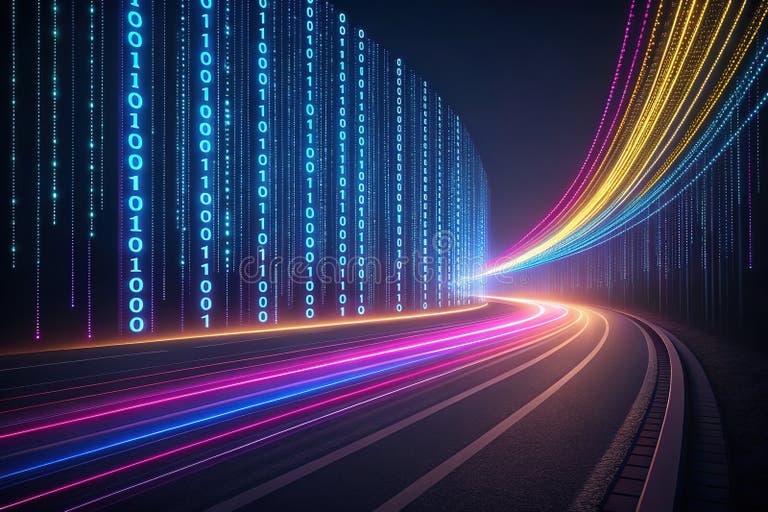 Futuristic Highway with Binary Code and Neon Light Trails at Night ...