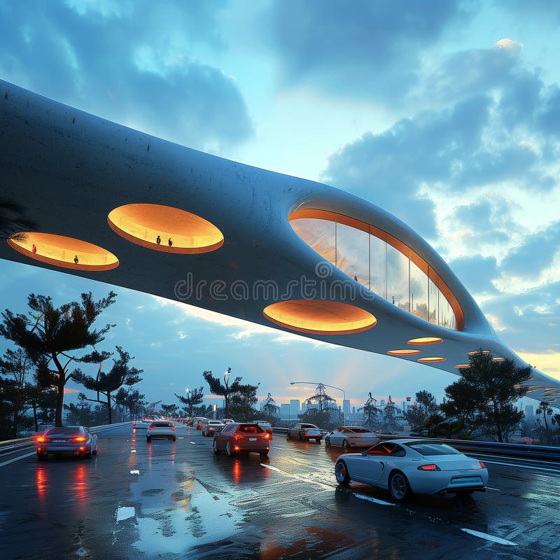 Futuristic Highway Bridge at Dusk Stock Illustration - Illustration of ...