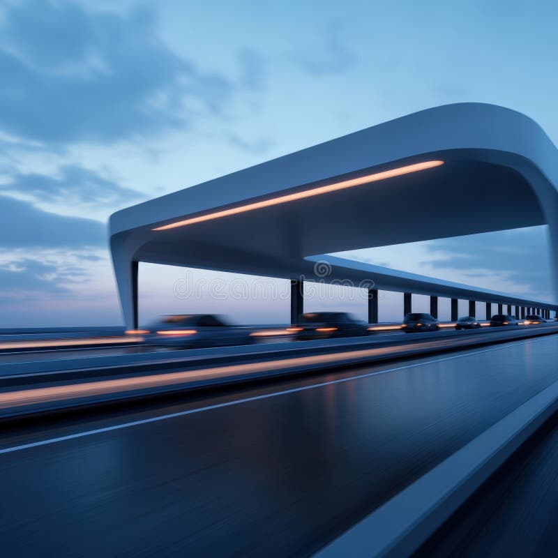 Futuristic Highway with Digital Toll Gantries and Moving Vehicles Under ...
