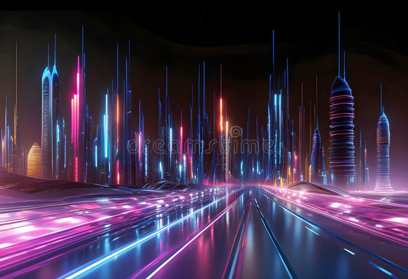 Futuristic Highway with Glowing Blue Traffic Data and Smart City ...