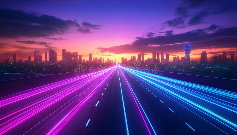 Futuristic Highway with Neon Lights at Night. Abstract Background with ...