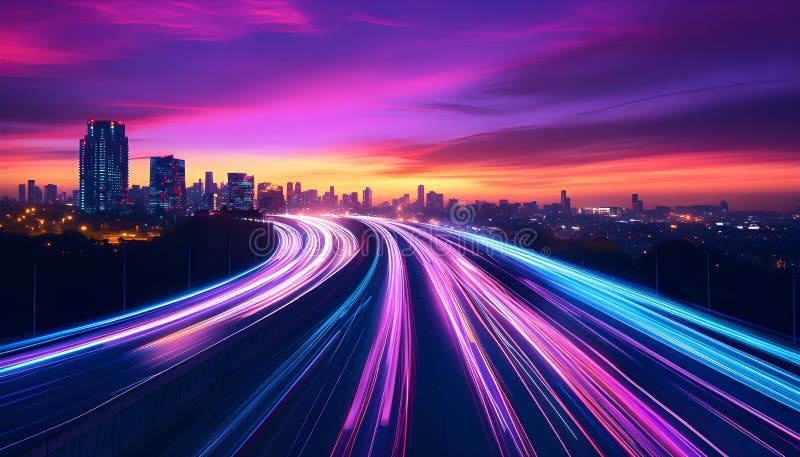 Futuristic Highway with Neon Lights at Night. Abstract Background with ...
