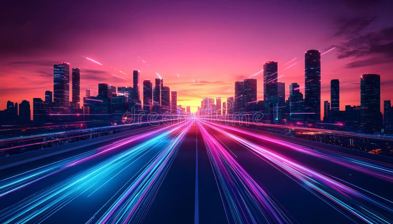 Futuristic Highway with Neon Lights at Night. Abstract Background with ...