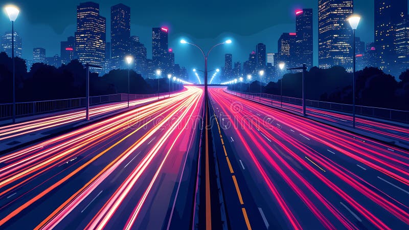 Futuristic Highway with Neon Trails at Night Stock Image - Image of ...