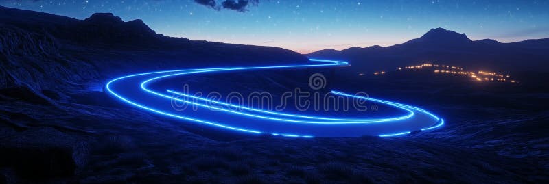 Futuristic Highway at Night, Glowing with Blue Trails, Creating a ...