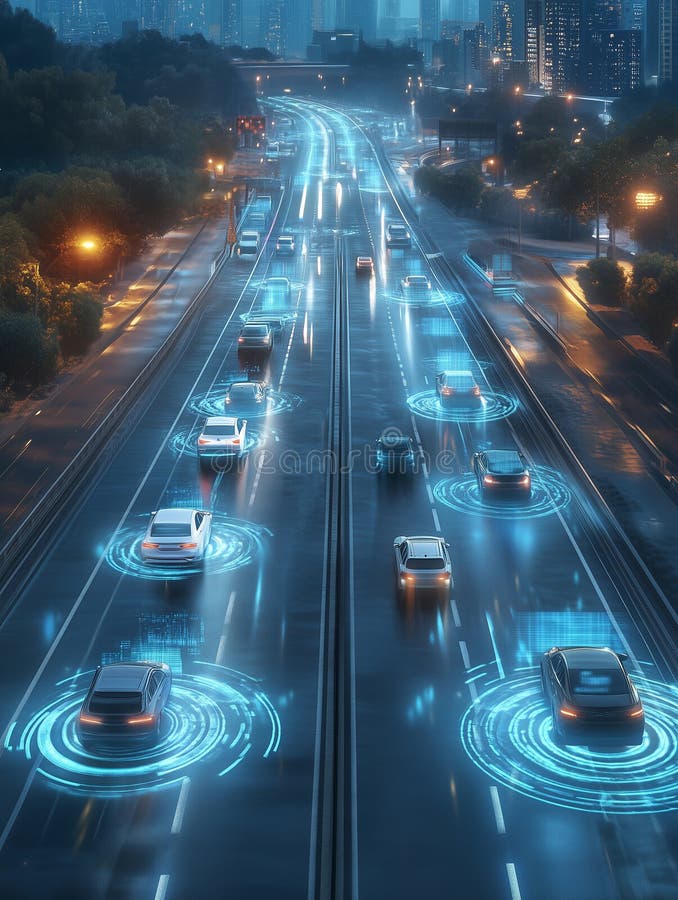 Futuristic Highway Scene Featuring Multiple Vehicles with Digital ...