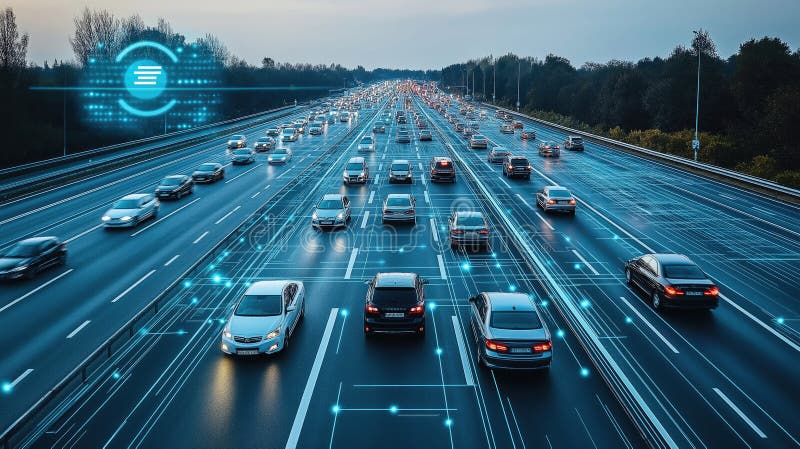 Futuristic Highway with Smart Technology and Autonomous Cars at Dusk ...