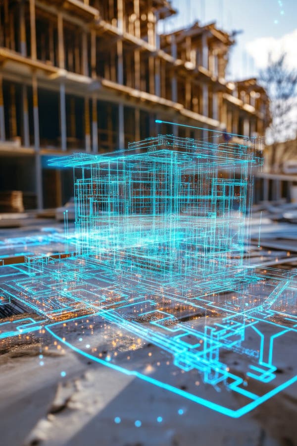 Futuristic Hologram of a Building Project Overlaying Construction Site ...
