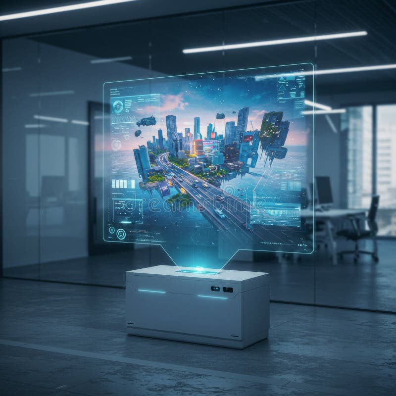 Futuristic Hologram Cityscape in Modern Office Stock Illustration ...