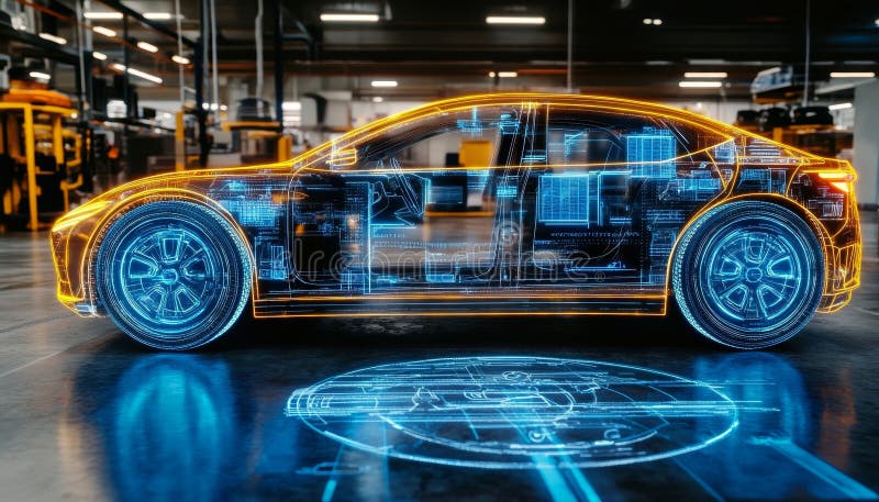 Futuristic Hologram Electric Car in Workshop Showcasing Advanced ...