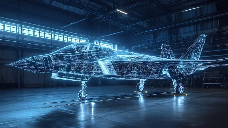 Futuristic Hologram of a Fighter Jet Undergoing Maintenance in a Hangar ...