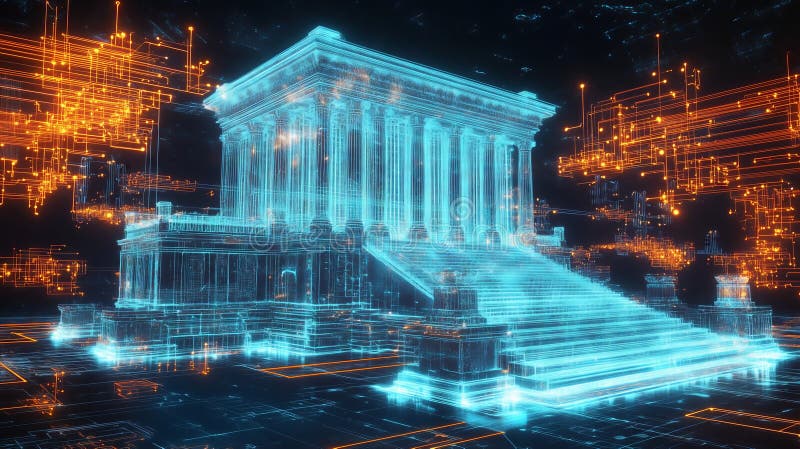 Futuristic Hologram of Greek Temple Emerging from Digital Network Stock ...