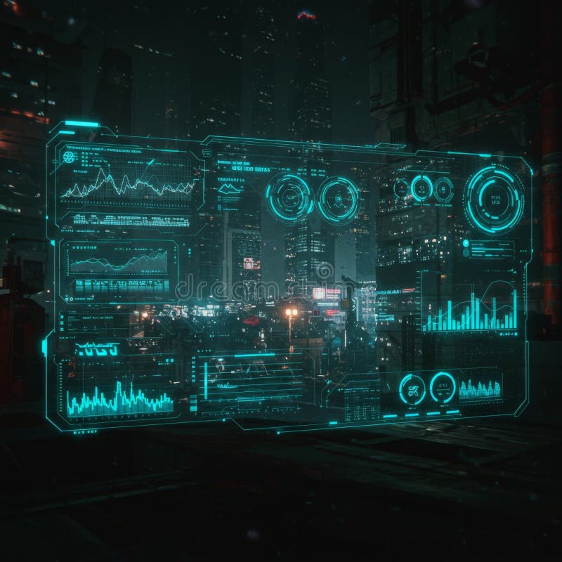 Futuristic Hologram Interface Over Night City Stock Illustration ...