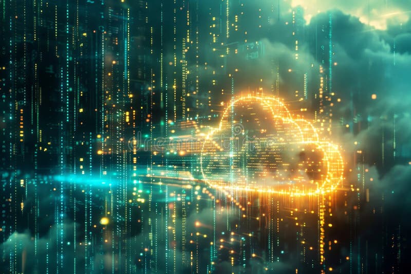 Futuristic Hologram Technology with Cloud Icon and Digital Data Flow Background for Cloud ...