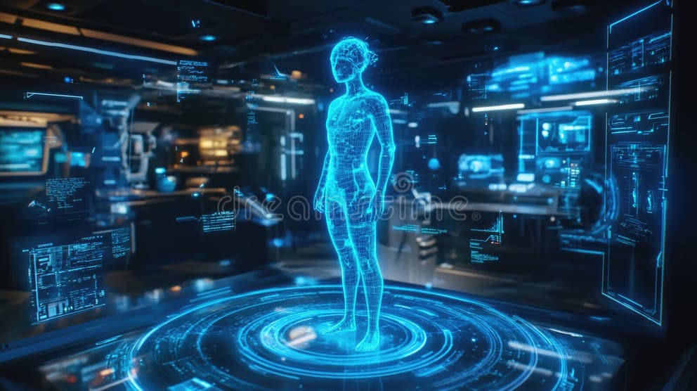 Futuristic Hologram of Woman in High-tech Laboratory Setting with ...