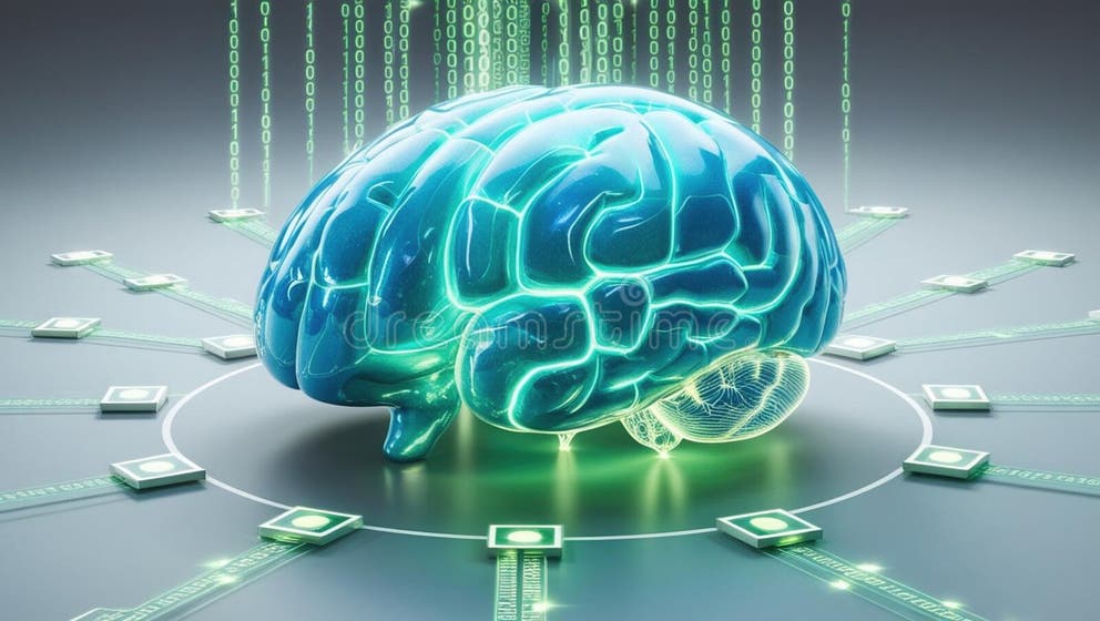 Futuristic Holographic Brain with Cascading Binary Code Streams, Surrounded by Glowing Data ...