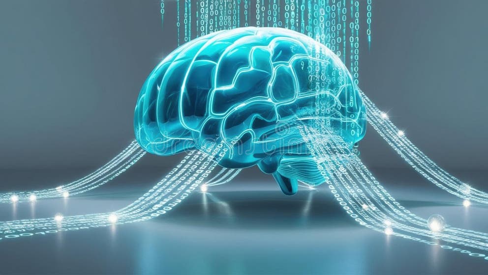 Futuristic Holographic Brain with Cascading Binary Code Streams, Surrounded by Glowing Data ...