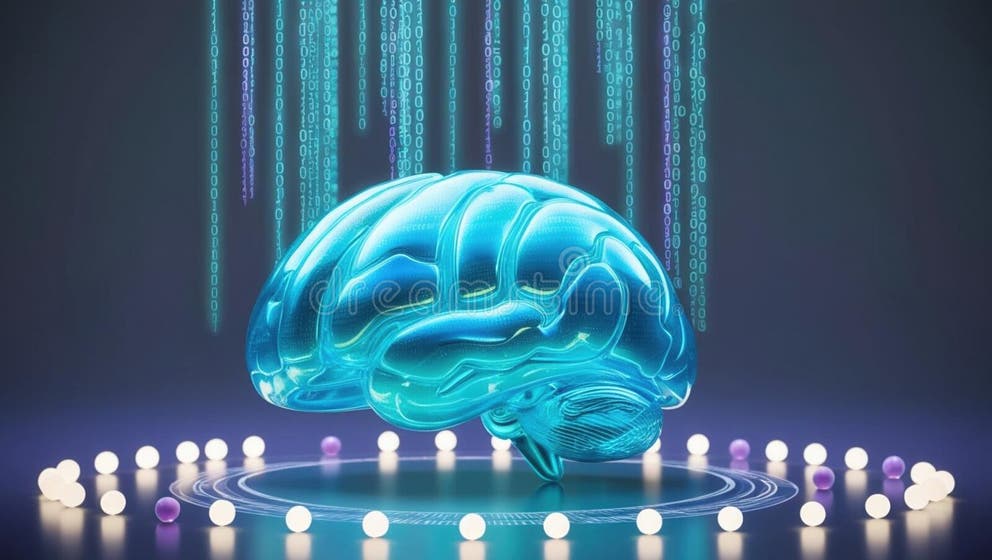 Futuristic Holographic Brain with Cascading Binary Code Streams, Surrounded by Glowing Data ...