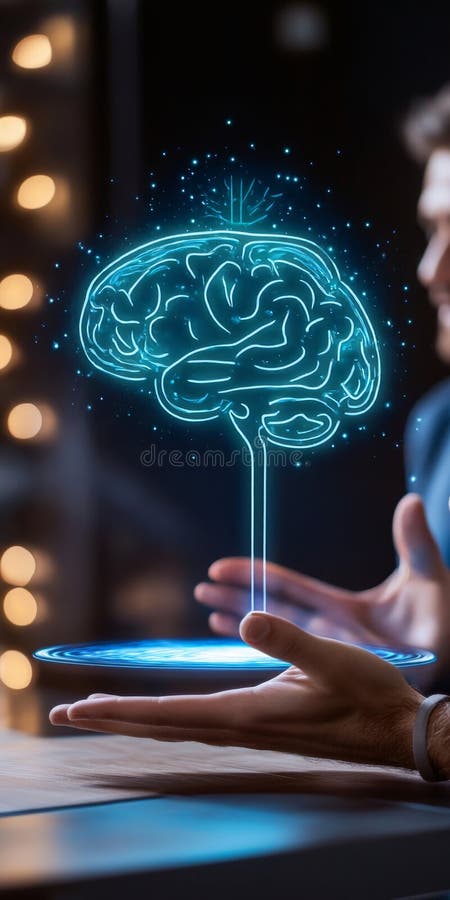 Futuristic Holographic Brain Projection Floating Above a Hand in a Dark ...