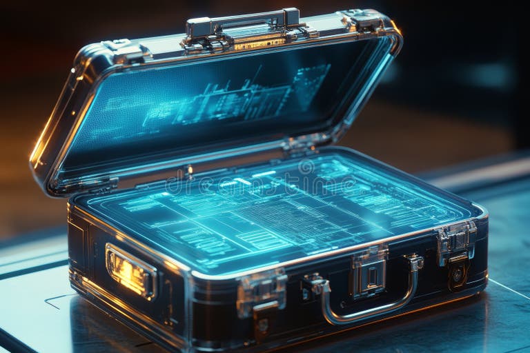 Futuristic Holographic Briefcase with Digital Blueprints in ...