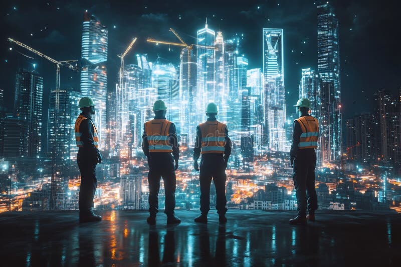 Futuristic Holographic Cityscape Projection with Construction Workers ...