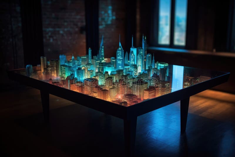 Futuristic Holographic Cityscape Projection on Table Stock Illustration ...