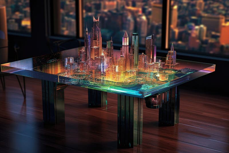 Futuristic Holographic Cityscape on a Table Stock Illustration ...