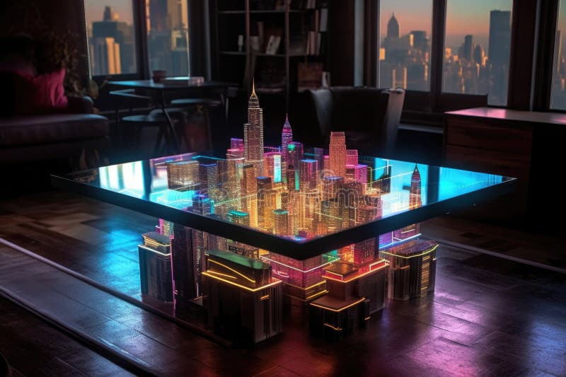 Futuristic Holographic Cityscape on a Table Stock Illustration ...