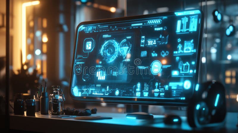 Futuristic Holographic Computer Display Showing Data Analytics in a Modern Lab Setting Stock ...